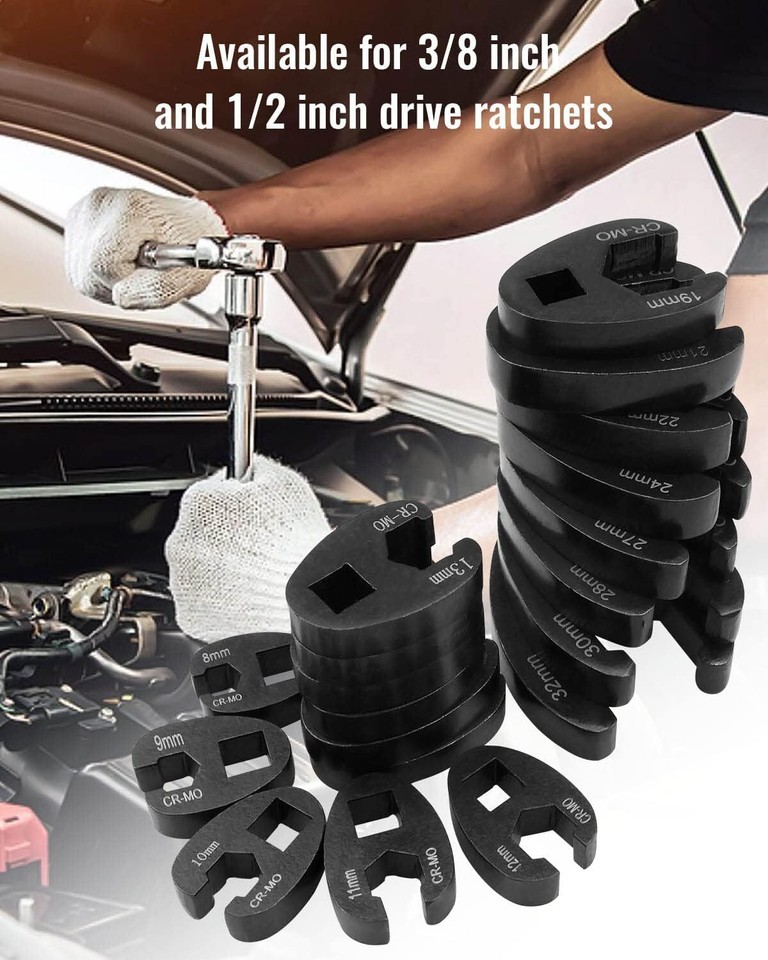 Crows foot Wrench Set 1/2" and 3/8” Drive Flare Nut Crowfoot Wrench Set ...