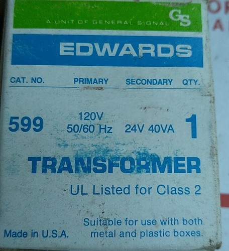 Edwards No. 599 Power Transformer 120VAC Primary / 24V 40VA Secondary ...