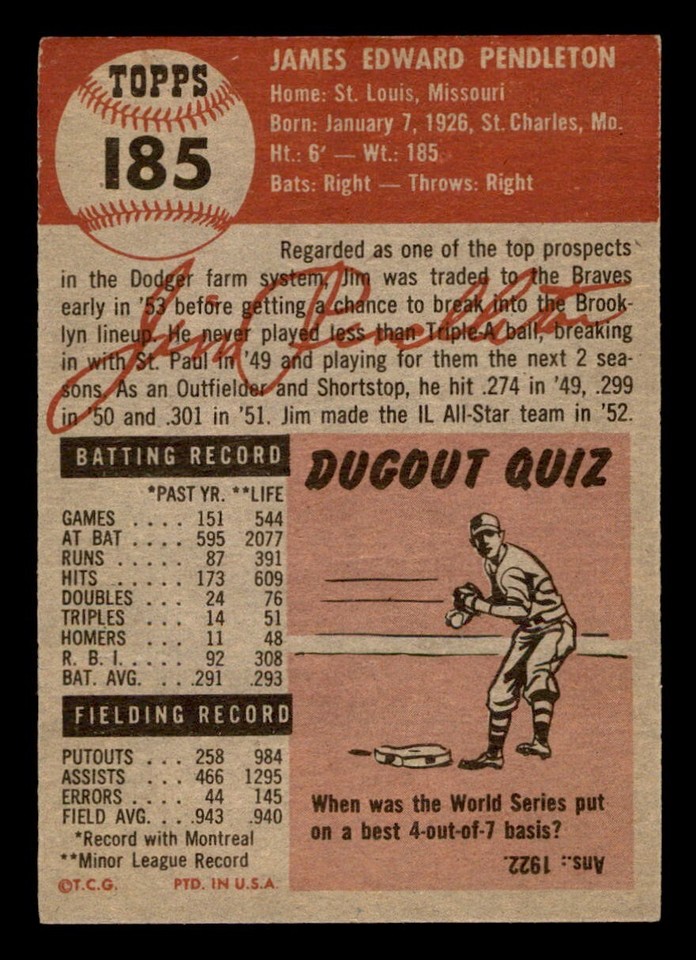 1953 Topps Baseball #185 Jim Pendleton VG/EX *h1 | eBay