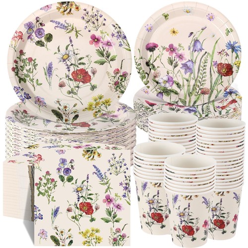 250 Pcs Floral Disposable Tableware Set Wildflower Disposable Paper ...
