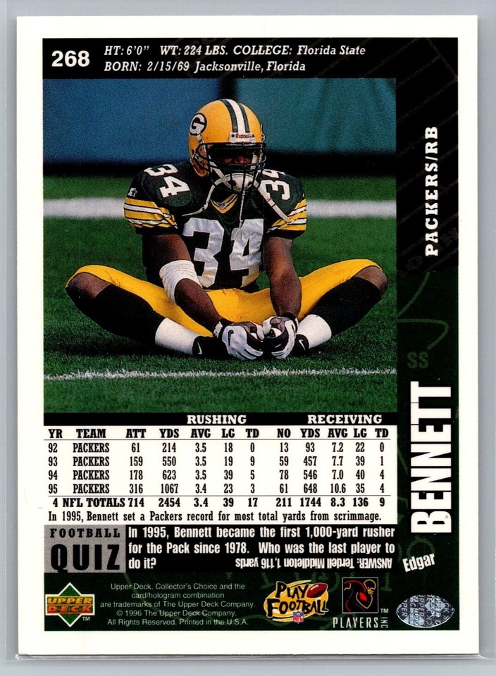 1996 Upper Deck Collector's Choice Card # 268 Edgar Bennett - Green Bay ...