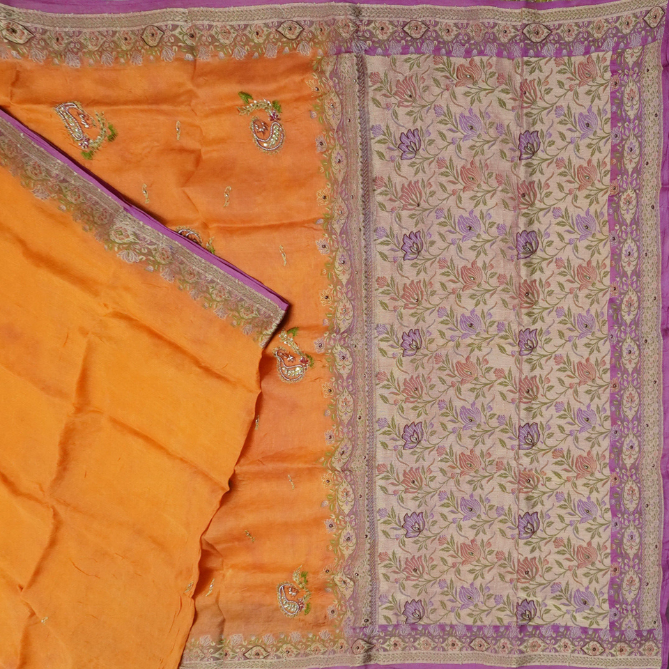 Vintage Orange Sarees 100% Pure Silk Woven Hand Embroidered Sari Craft ...
