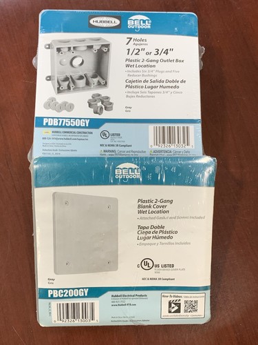 New Hubbell 2 Gang WP 7 Hole Outlet Box 1/2" or 3/4" PDB77550GY With ...