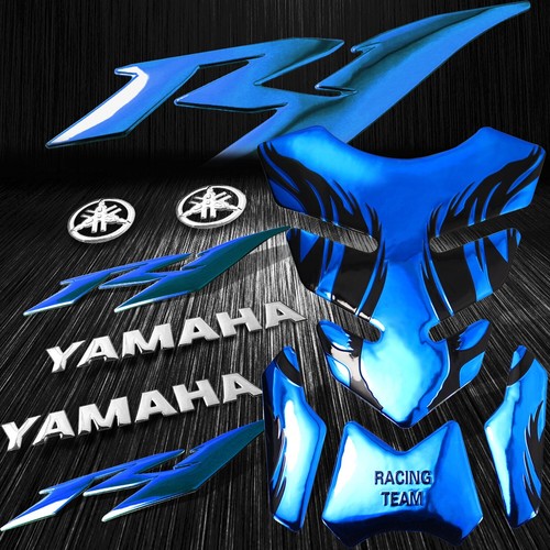 Chromed Blue Tribal Fire Tank Pad+YZF-R1 Emblem Sticker+6"Silver Logo ...