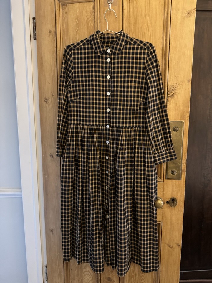 TOAST Japanese Cotton Check Collared Shirt Dress Size UK 10-Dark Navy ...