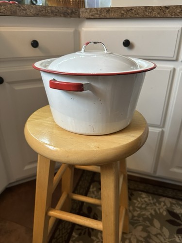 Vintage Enamelware White Bowl Red Rim Farmhouse Country Decor WITH ...