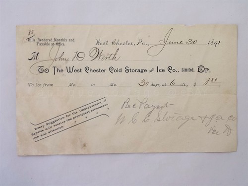 1891 antique THE WEST CHESTER PA COLD STORAGE & ICE CO RECEIPT john d ...