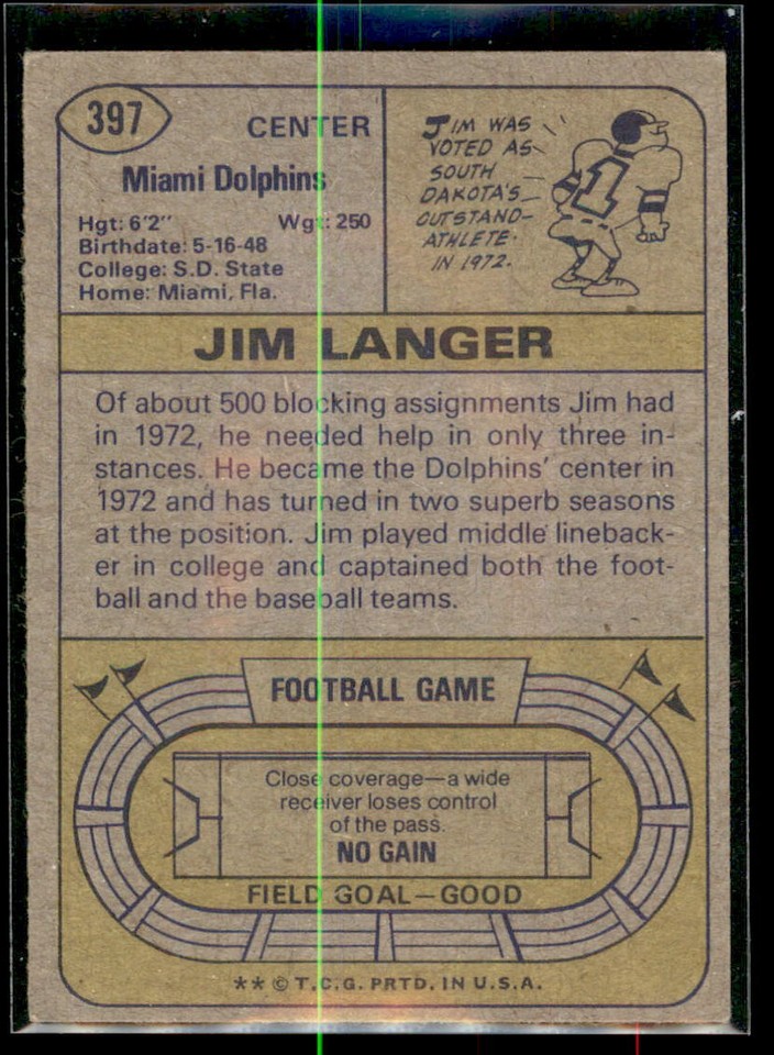 1974 Topps Jim Langer #397 Miami Dolphins | eBay