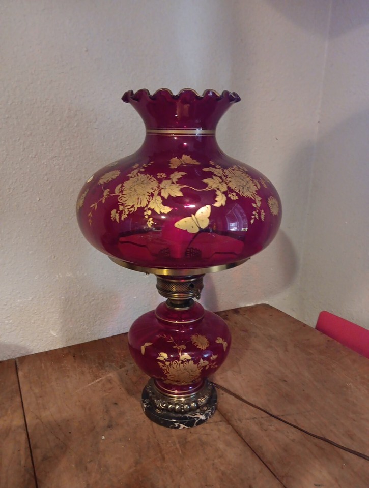 Fenton Ruby Red Hurricane lamp, Floral Butterflies gold | eBay
