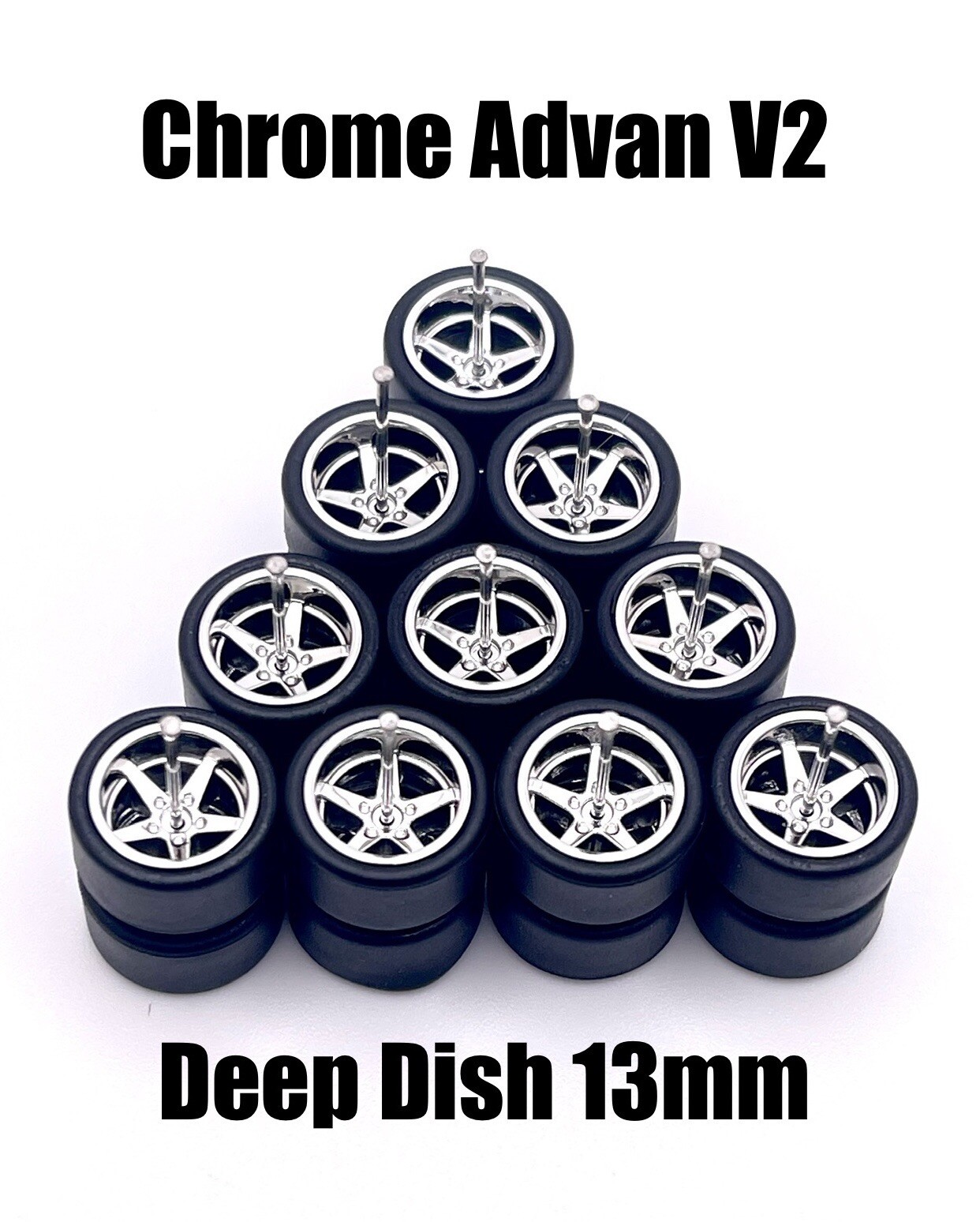5x Chrome Advan V2 13/13mm DEEP DISH Wheels Rubber Tires for 1/64 H0T ...