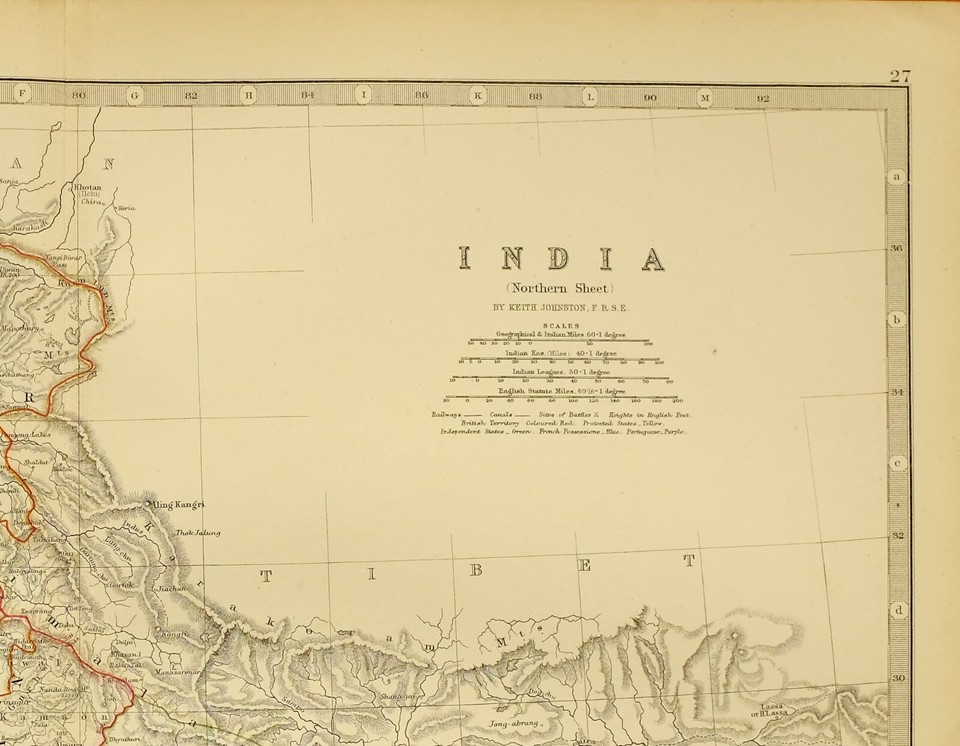 1873 HAND COLOURED MAP NORTHERN INDIA KASHMIR NEPAL BHOTAN BOMBAY ...