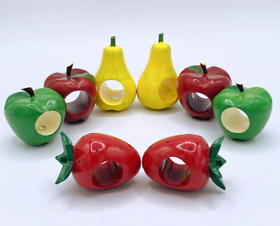 Set of 8 Wooden Fruit Napkin Ring Holders Pears Strawberries Red Green ...