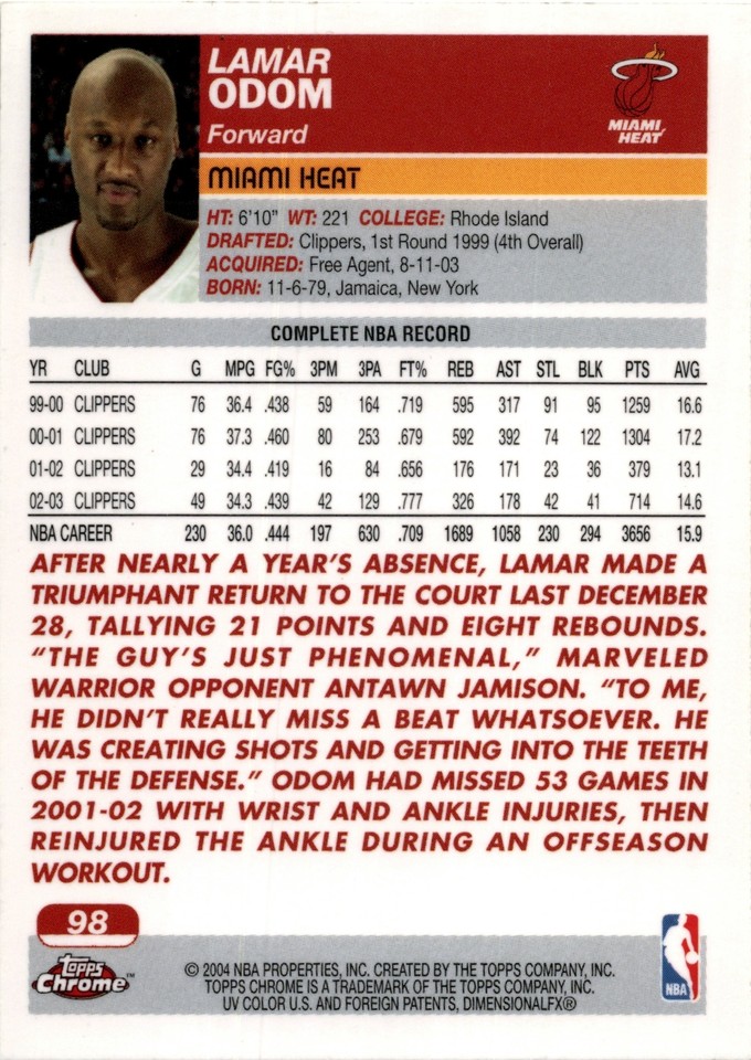2003 Topps Chrome #98 Lamar Odom Great! | eBay