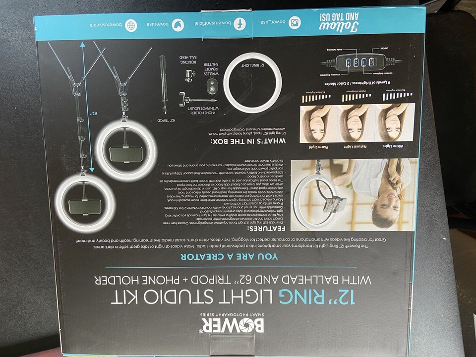 Bower 12” LED Selfie Ring Studio Light, Brand New Box 636980262147| eBay
