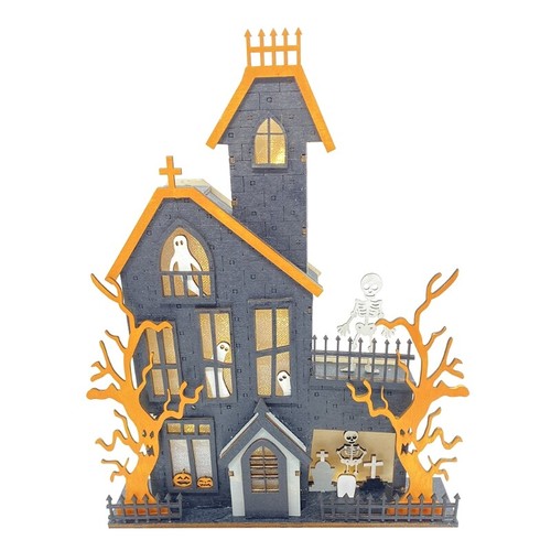 Halloween Table Decorations Wooden Haunted House Sign with LED Light ...