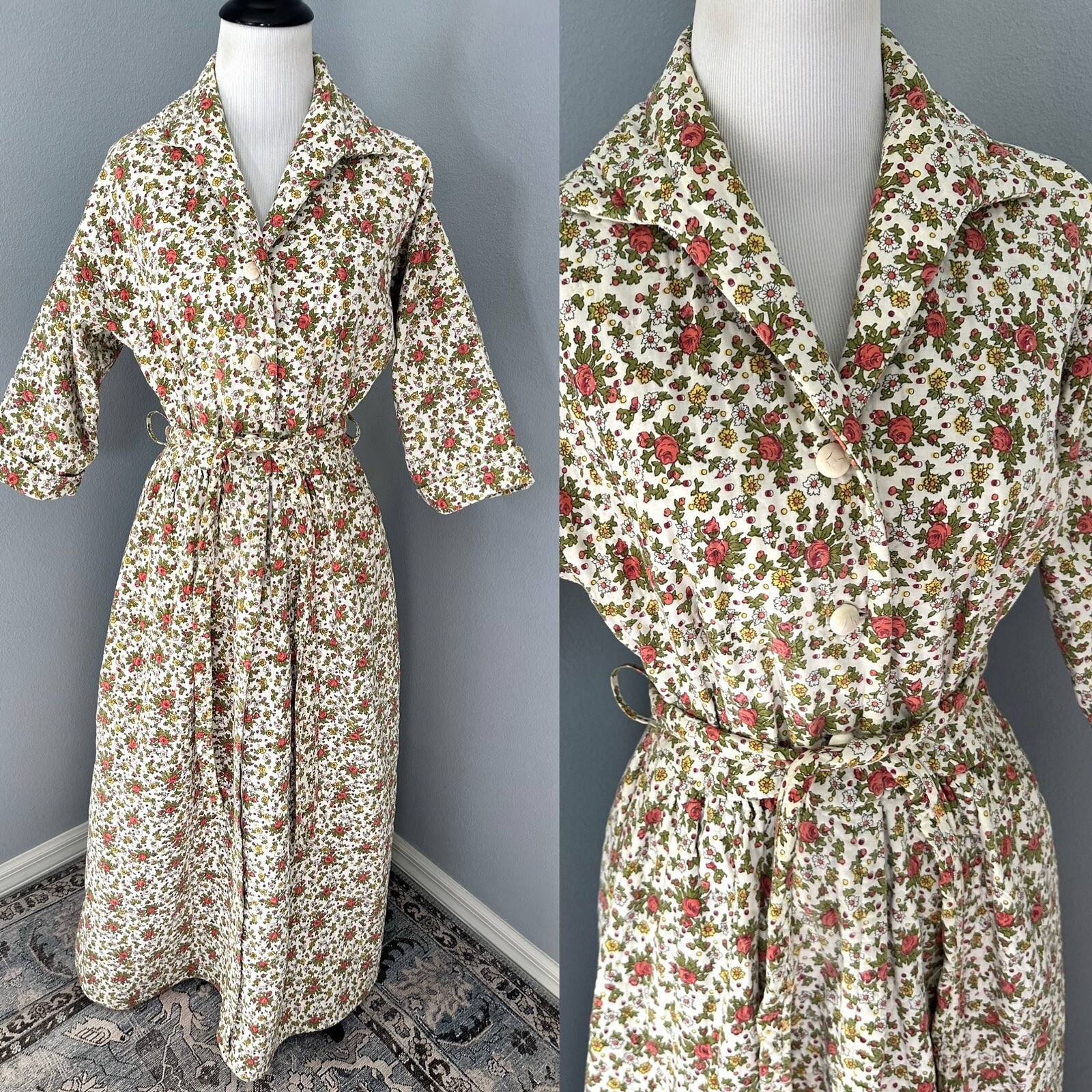 Vintage 70s Cottage Core Quilted Robe Button & Zip Fr… - Gem