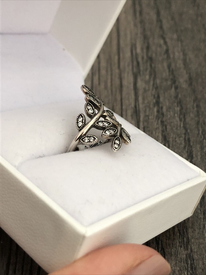 Authentic PANDORA Sterling Silver Sparkling Leaves Clear Ring Sz 4.5 ...