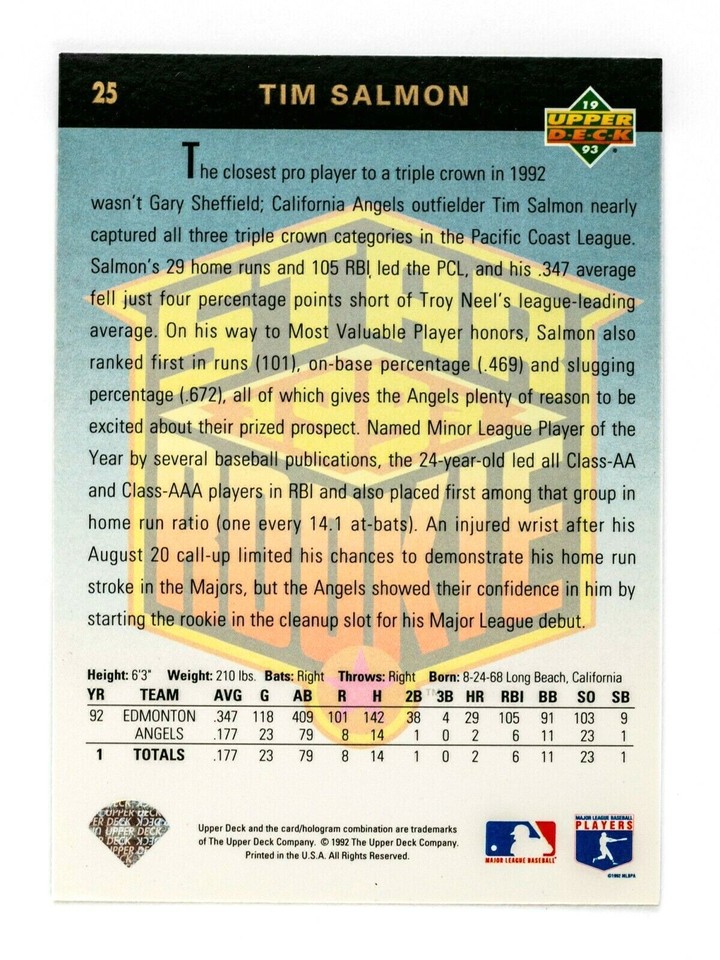 Tim Salmon #25 (1993 Upper Deck) Star Rookie Card, California Angels | eBay