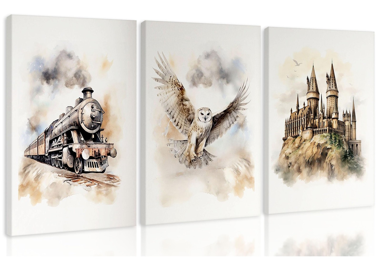 3 pcs Vintage Magic Canvas Wall Art Express Train Owl Magic Castle ...