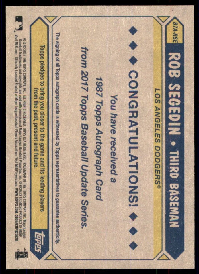 2017 Topps Update '87 Topps Autographs #87ARSE Rob Segedin | eBay