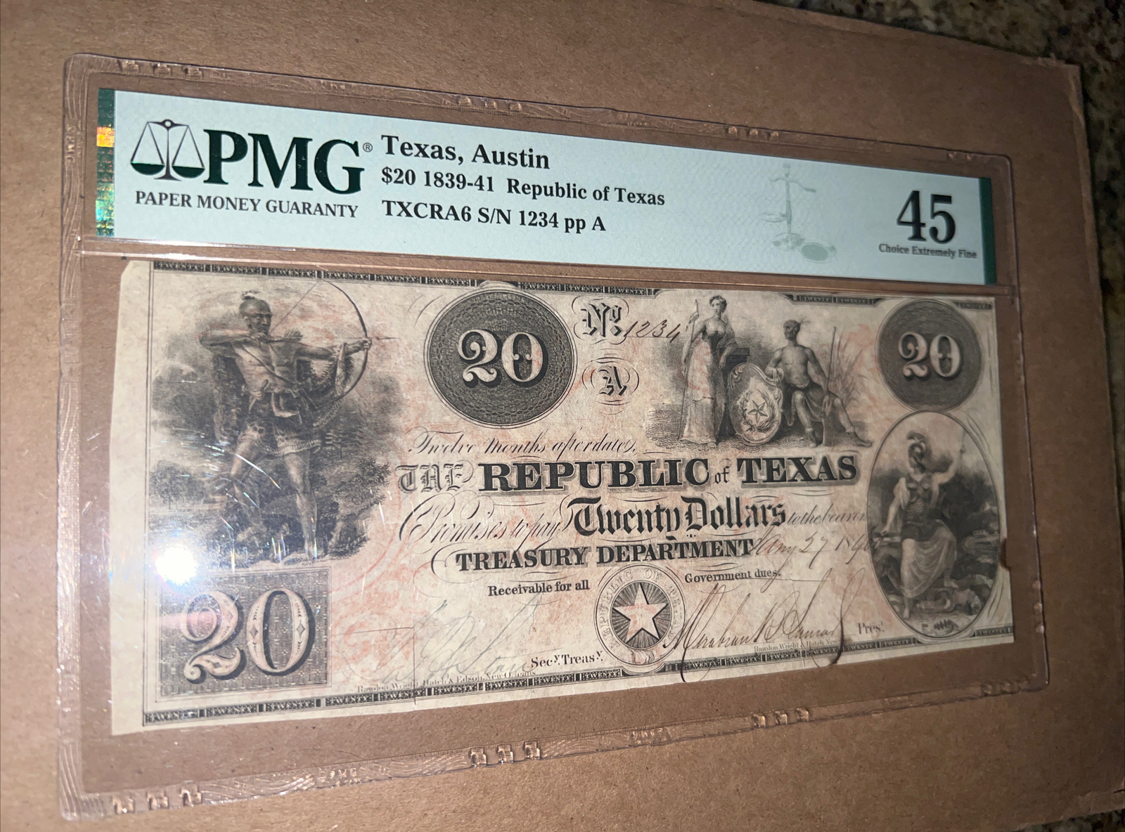 1839-1841 Republic of Texas Twenty Dollar Note PMG 45 Austin Red Back ...
