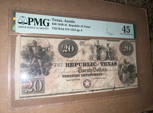 1839-1841 Republic of Texas Twenty Dollar Note PMG 45 Austin Red Back ...