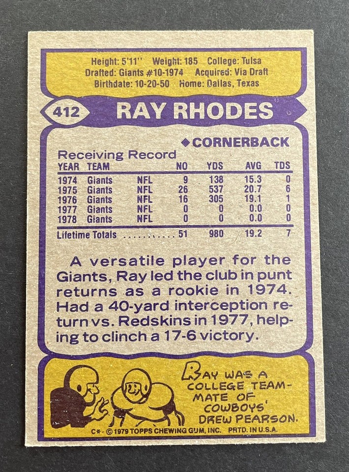 1979 Topps #412 RAY RHODES New York Giants NICE CARD !!! | eBay