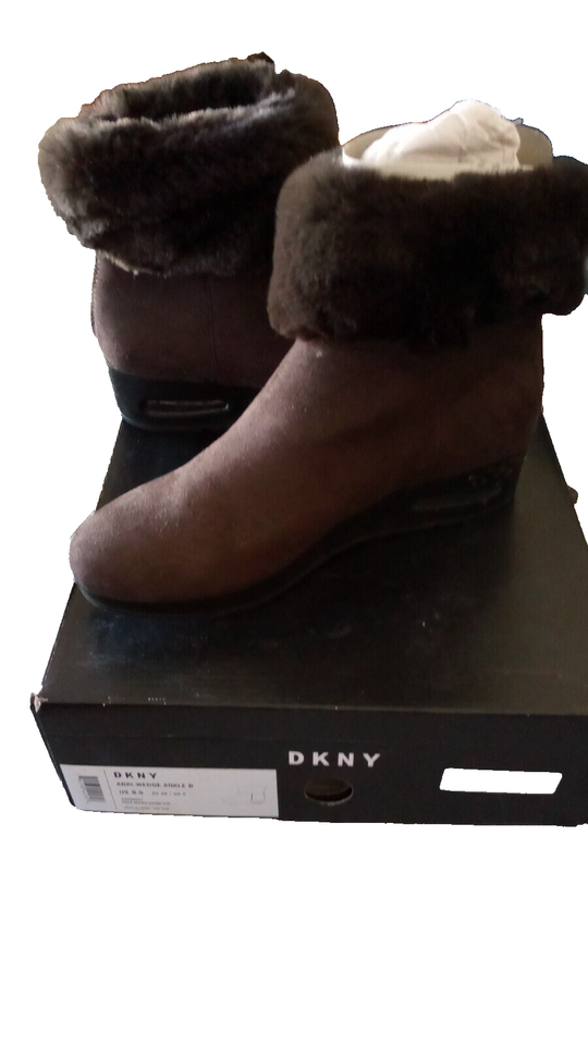 DKNY Abri Stone Faux Fur Faux Suede Ankle Booties Wedges Size 9.5 M ...