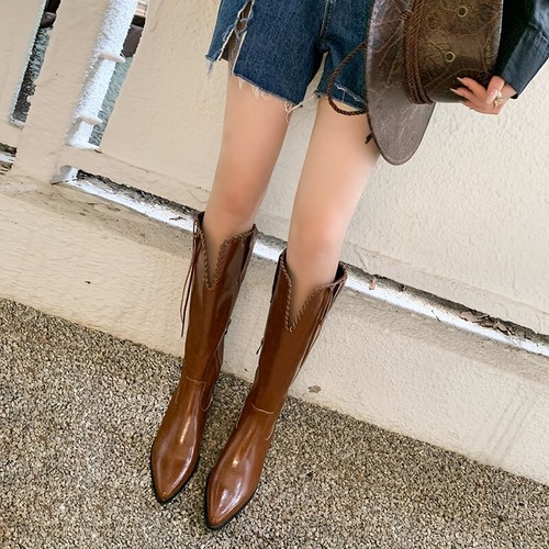 Spring Fall New Women Pointed Toe Chunky Mid Heels Knee High Boots ...