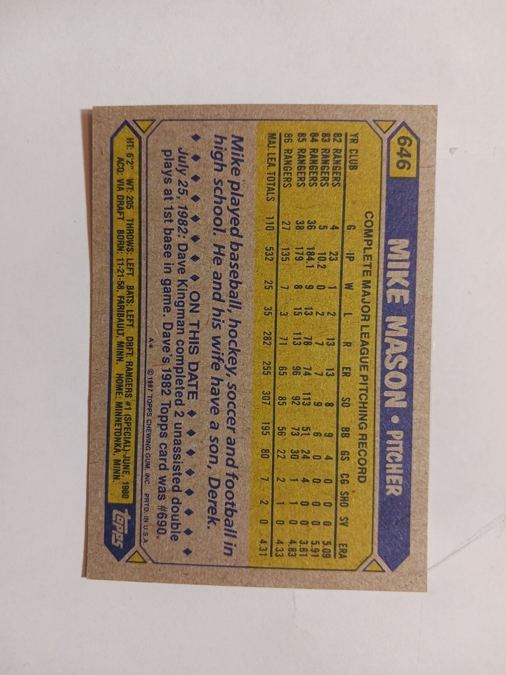 1987 Topps 646 Mike Mason Rangers | eBay