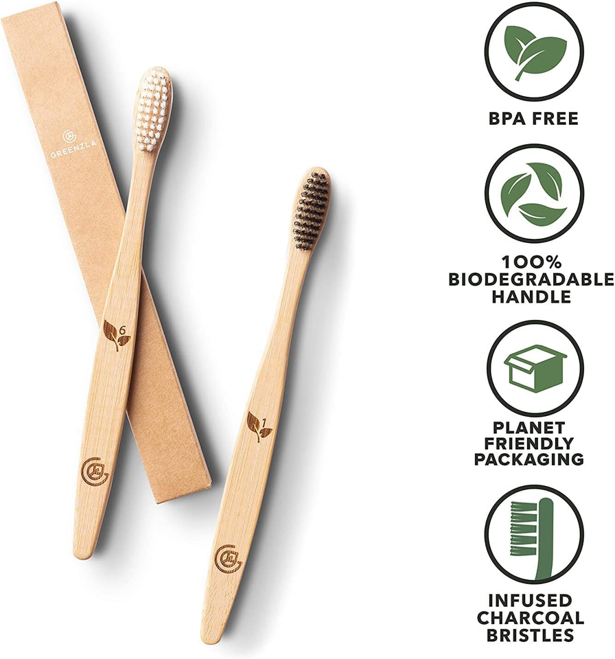 GREENZLA Bamboo Toothbrushes for Adults, Wooden Toothbrush Set with ...