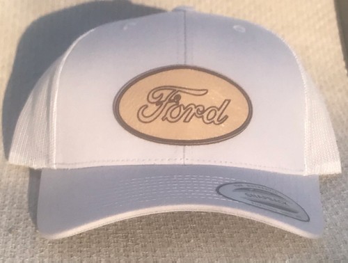 Ford Hat, Retro Ford Leather Patch on Silver Yupoong 6606 Vintage ...