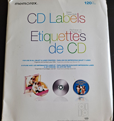Memorex CD Label Refills 120 CD Labels 60 sheets 2 CD Labels per sheet ...