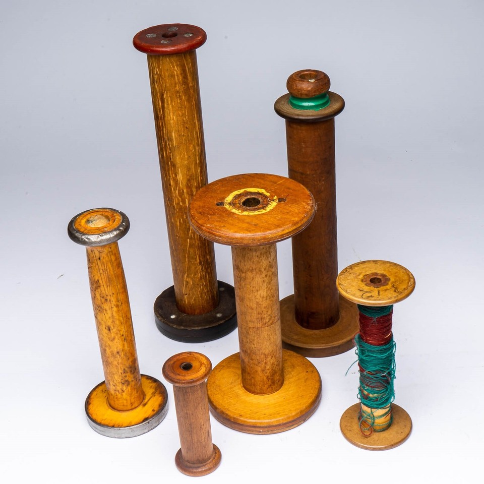 Lot of 6 Large Industrial Wooden Textile Spools Bobbins Akron ...