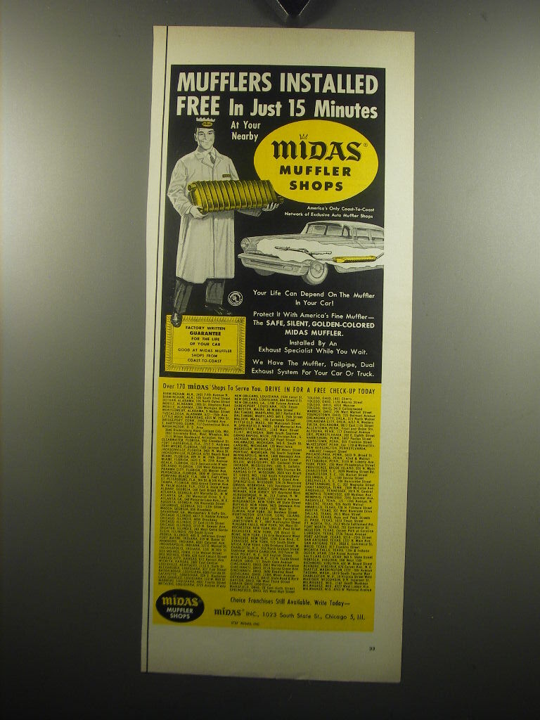 1957 Midas Muffler Shops Ad - Mufflers installed free in just 15 ...