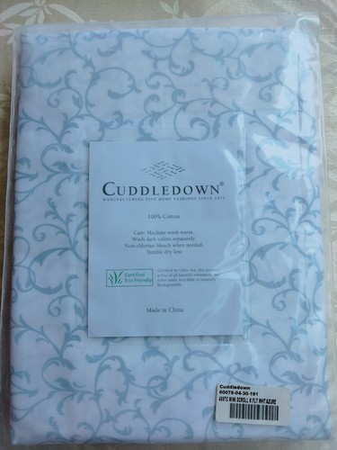 Cuddledown 400TC Sateen King Fiat Sheet White & Blue Mini Scroll 100% ...