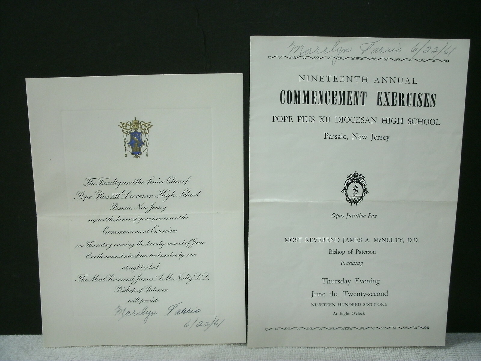 PASSAIC NJ -Pope Pius High School 1961 Graduation Program-& Invitation ...
