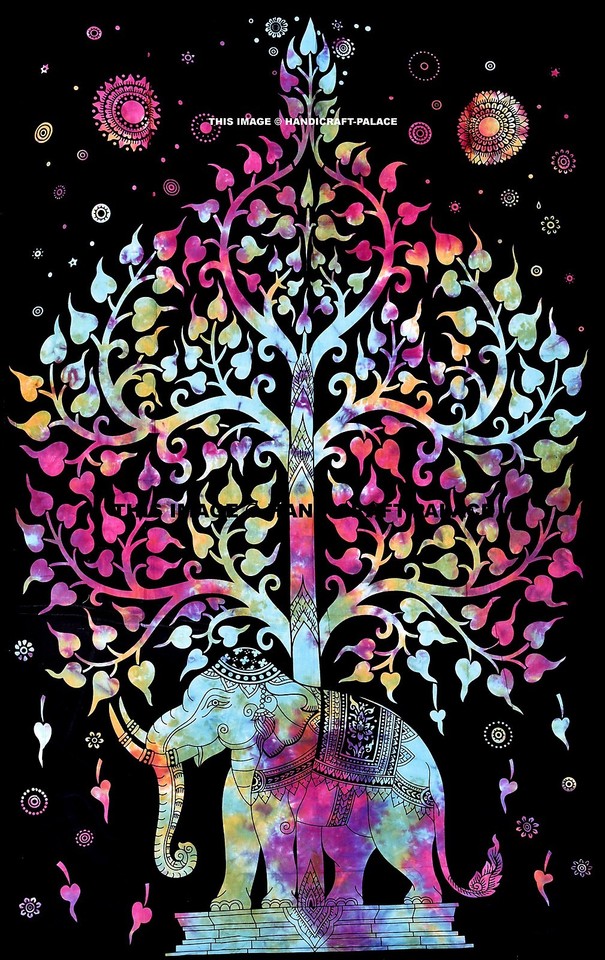 Indian Elephant Tree Of Life Tie Dye Cotton Twin Black Bedsheet Bedding ...