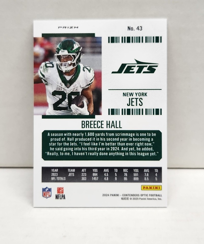 BREECE HALL 2024 Contenders Optic Season Ticket SILVER PRIZM ~ Jets | eBay