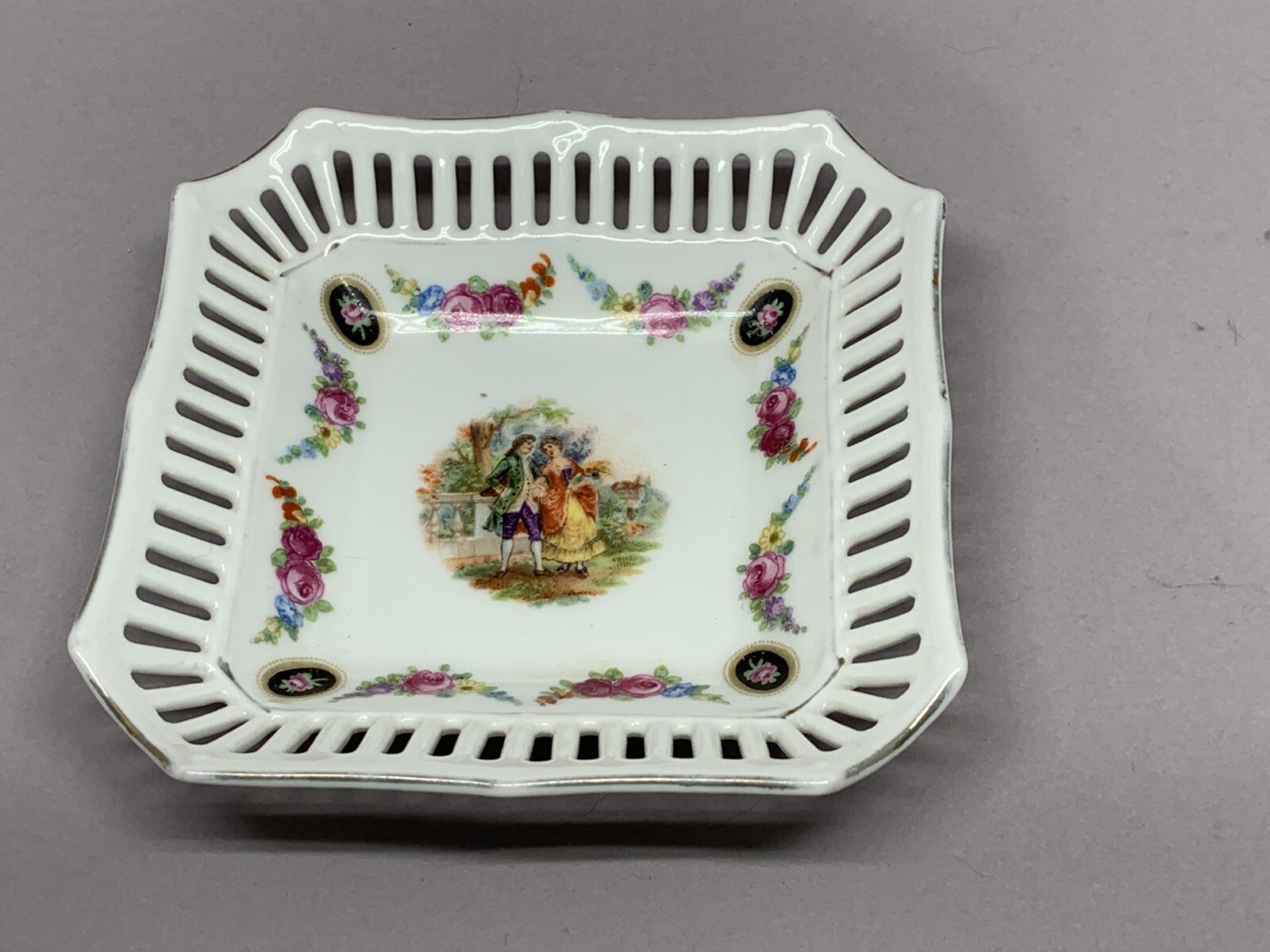Vtg German Porcelain Square Reticulated Plate Dish Victorian Courting ...