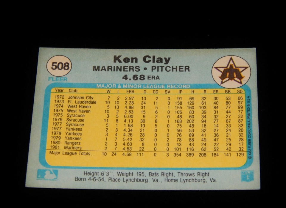 Vintage MLB Baseball Card, 1982 FLEER, KEN CLAY, SEATTLE MARINERS ...
