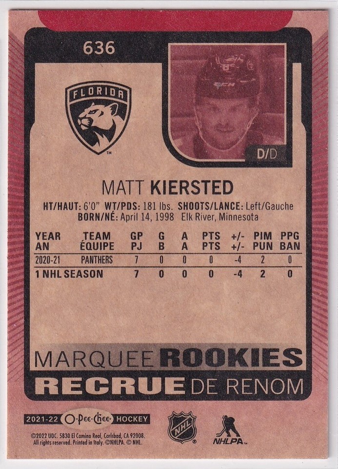 2021-22 O-Pee-Chee Red #636 Matt Kiersted RC - Florida Panthers | eBay
