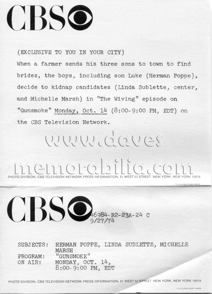 CBS Press Photo, Gunsmoke, Herman Poppe, Linda Sublette, Michelle Marsh ...