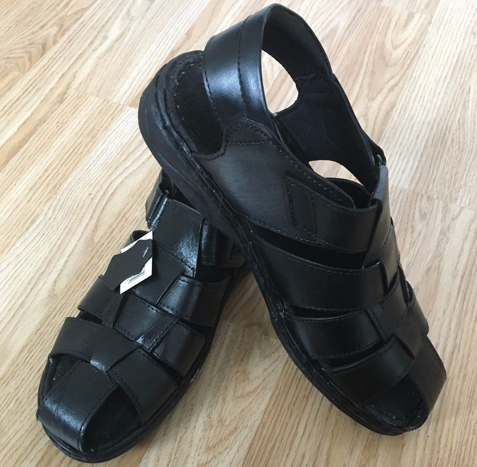 MEN BLACK LEATHER SANDAL MULE FISHERMAN GLADIATOR TREKKING ROMA HIKING ...