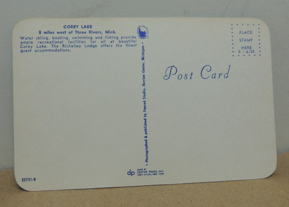 Three Rivers Michigan Postcard Unused Corey Lake Penrod Studio Berrien ...