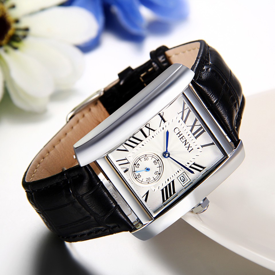 Men's Casual Retro Roman Numberals Square Dial Leather Date Quartz ...