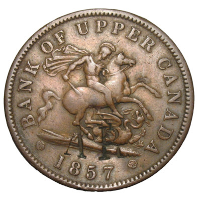 OLD CANADIAN COINS 1857 BANK OF UPPER CANADA COUNTER STAMPED " AR ...