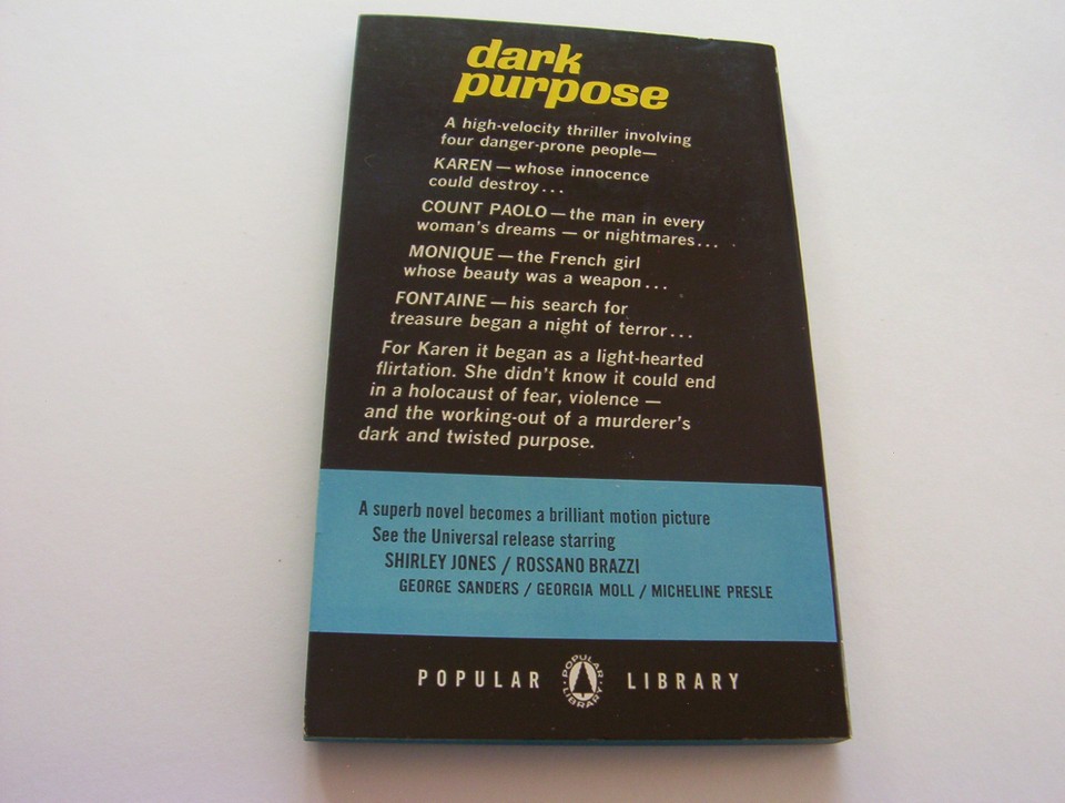 DARK PURPOSE 1964 DORIS HUME SHIRLEY JONES ROSSANO BRAZZI MOVIE TIE-IN ...