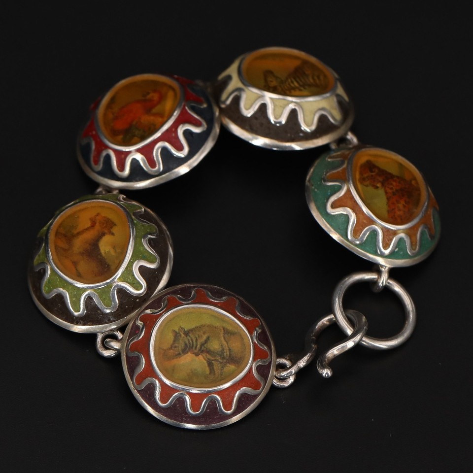 VTG Sterling Silver DAVID URSO Enamel Zebra Parrot Wolf 7" Chain ...