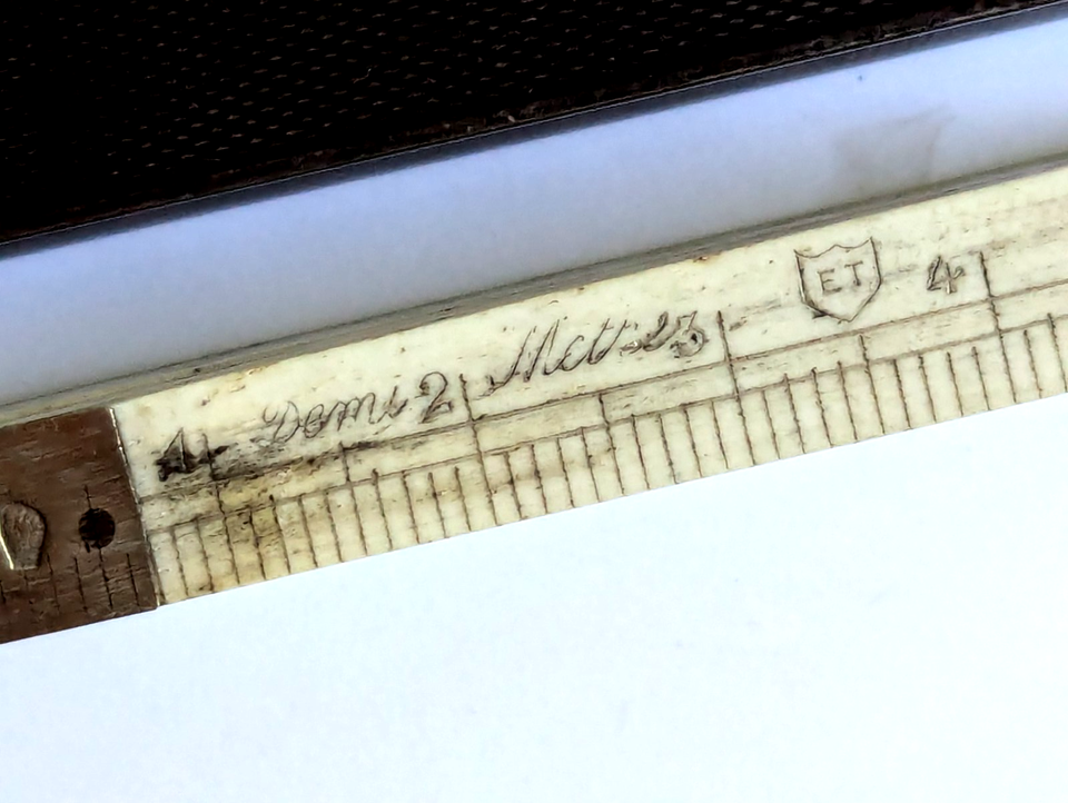 DEMI METRE, ANTIQUE SILVER CASED ARCHITECTS FOLDING RULER 20" BONE TOOL ...